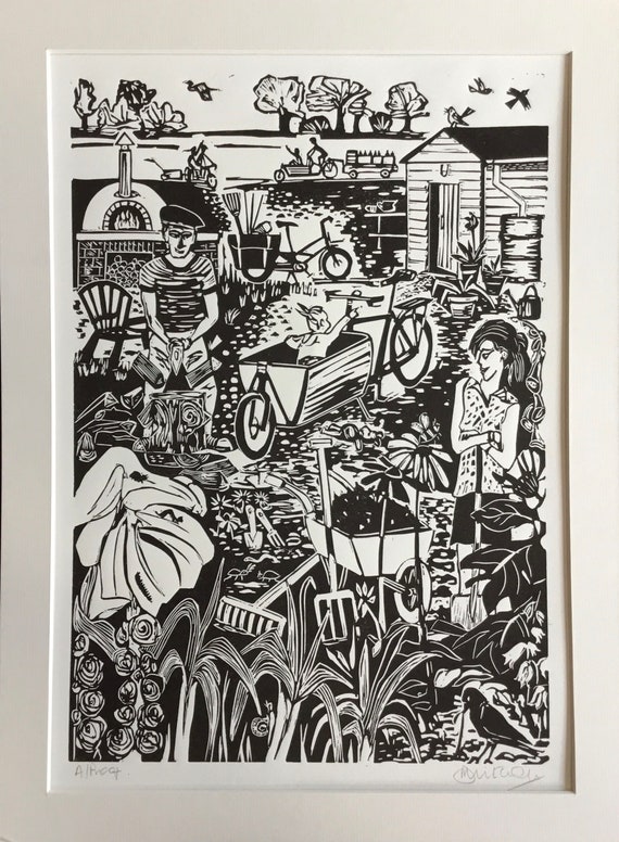 Original Linocut. Party at the Cargobike Community Garden. | Etsy