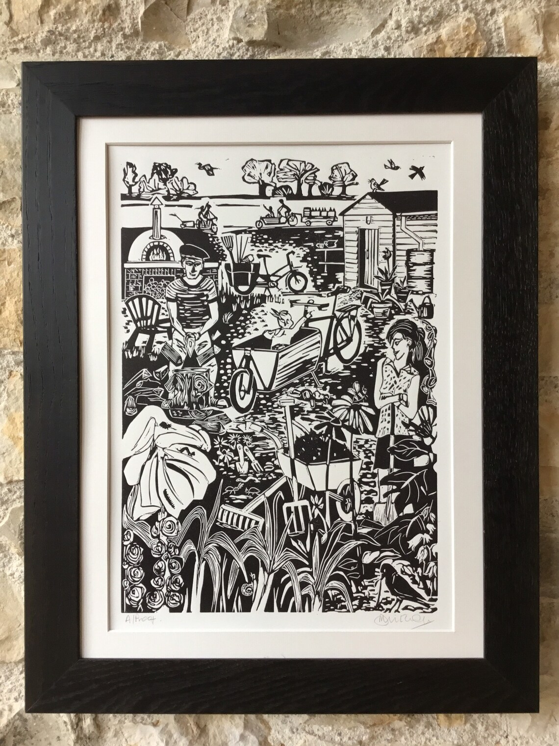 Original Linocut. Party at the Cargobike Community Garden. - Etsy