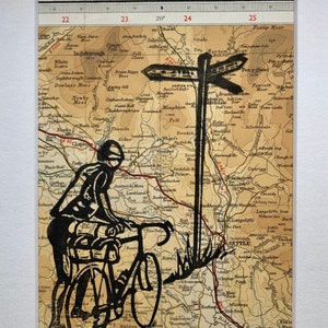 Cyclist Linocut Prints on Vintage Bartholomew’s Maps, Cheshire ...