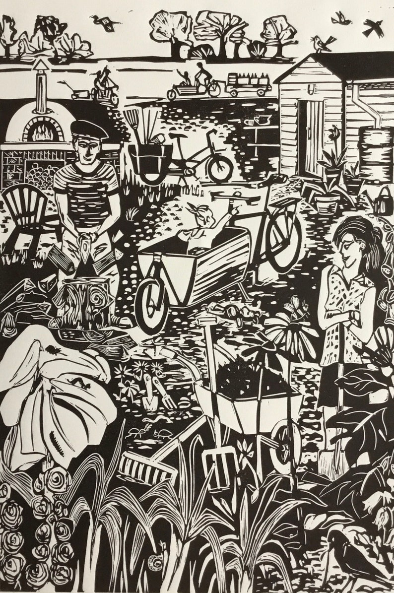 Original Linocut. Party at the Cargobike Community Garden. Edition of ...