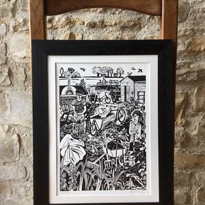 Original Linocut. Party at the Cargobike Community Garden. Edition of ...