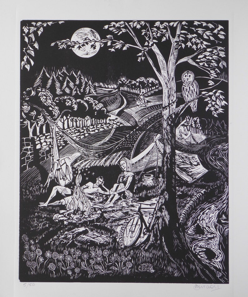 Original linocut print. Edition of 50. 'Campfire' | Etsy