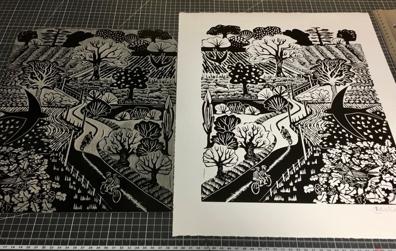 Tandems in a landscape. Original linocut print. Edition of 50. | Etsy