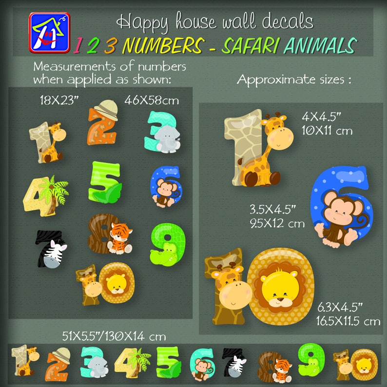 Numbers wall decal Safari animals decals Wild animals wall | Etsy