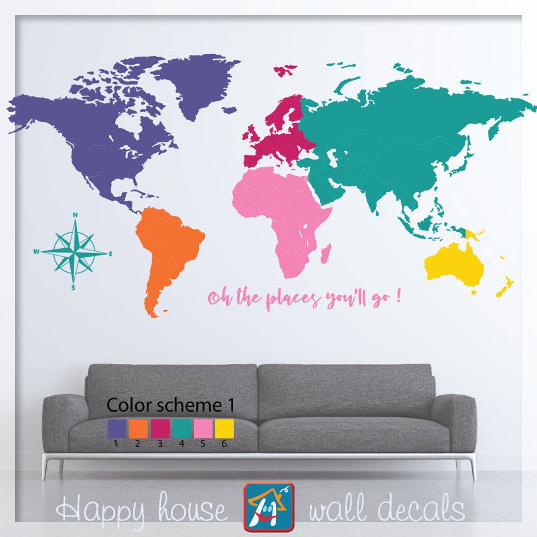 World Map Wall Decal - Colorful World Map Decor - World Map - Map Wall ...