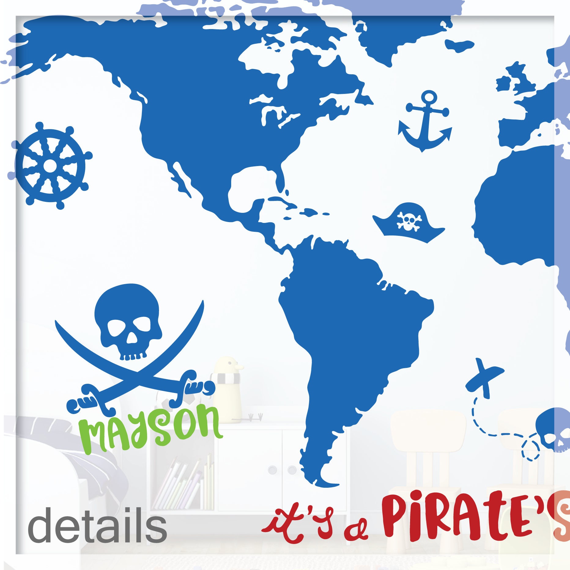 Pirate World Map Wall Decal World Map Kids Pirate Decor - Etsy UK