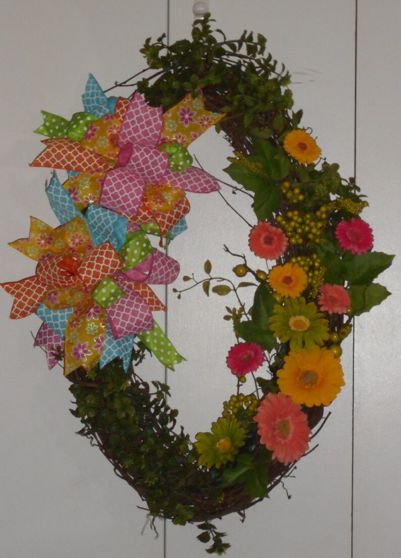 Oval Grapevine Spring Floral Wreath Funky Bow - Etsy