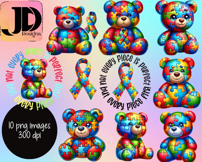 Autism Awareness Puzzle Piece Teddy Bear - Digital Image - Etsy