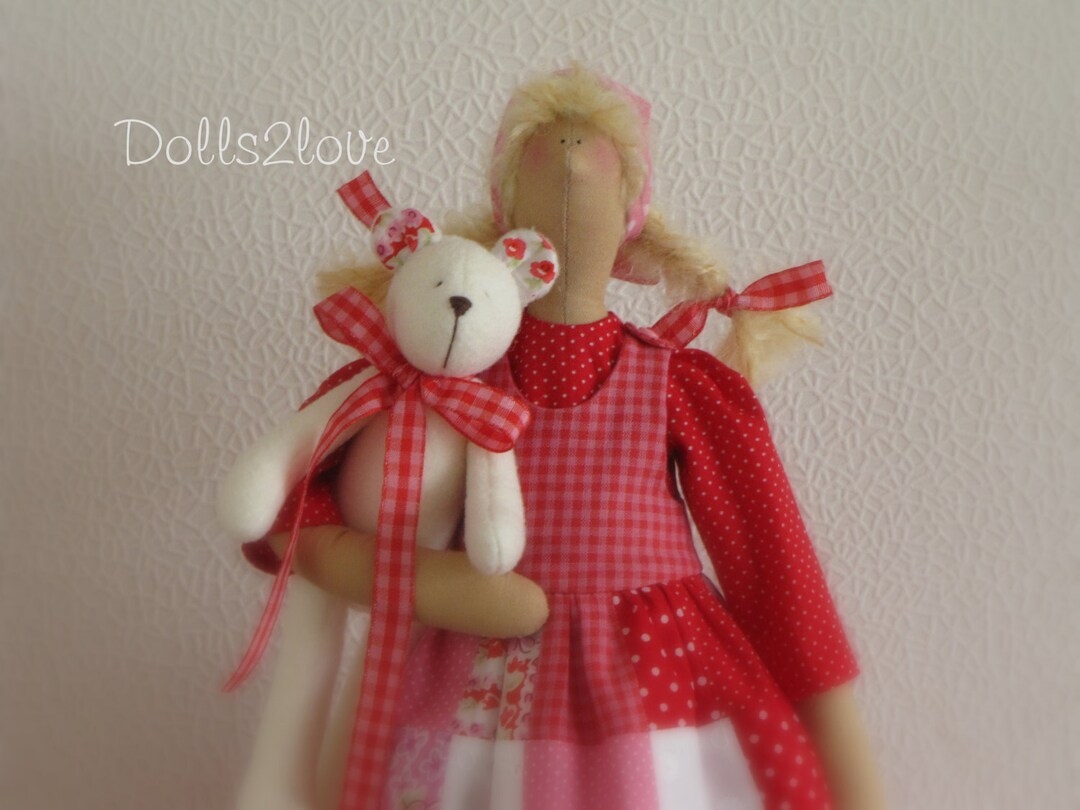 Tilda Doll Chantal Wears a Red, White and Pink Patchwork Pinafore Dress ...