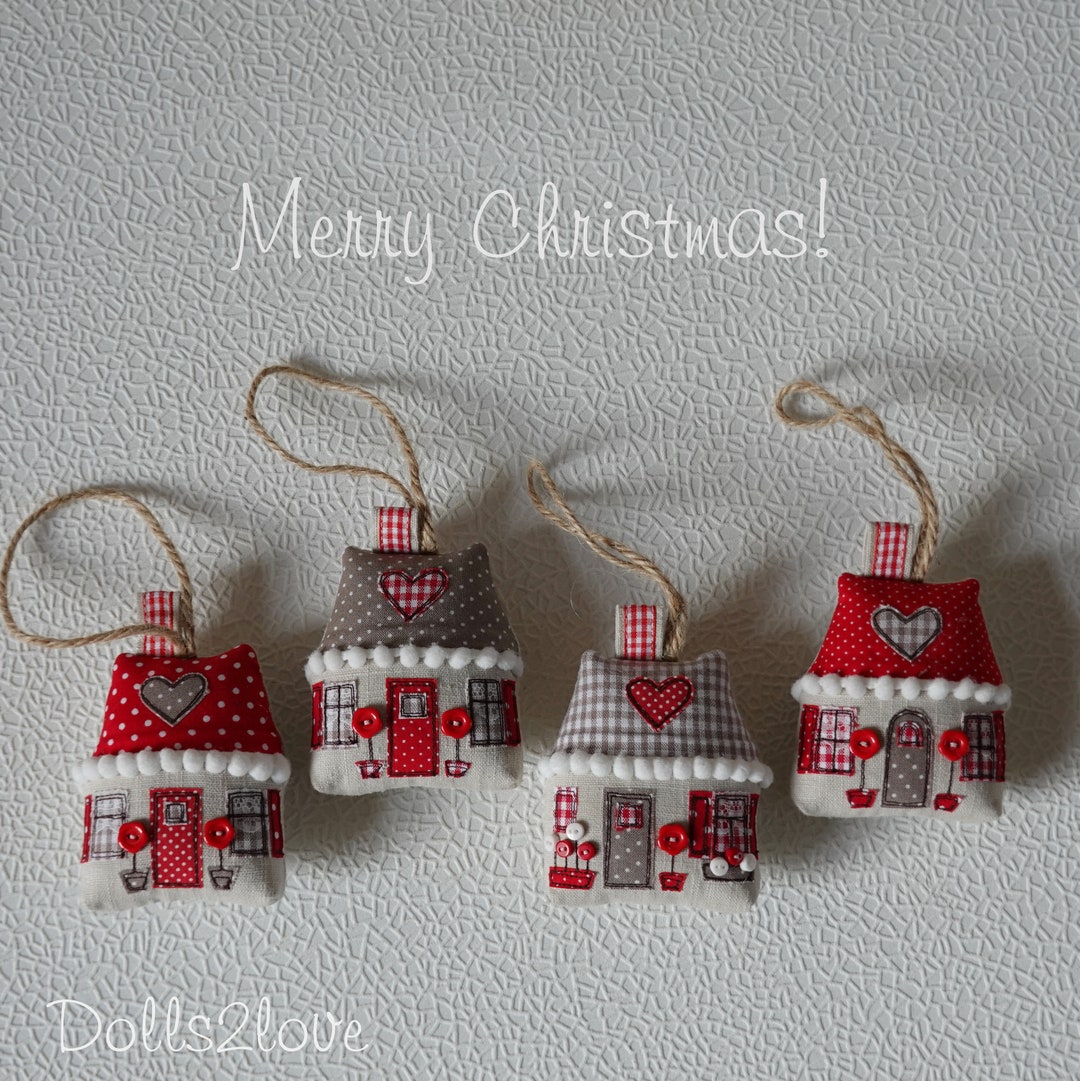 Set of Four Fabric Patchwork Houses, Sweet Cottages. Hanging Ornament ...
