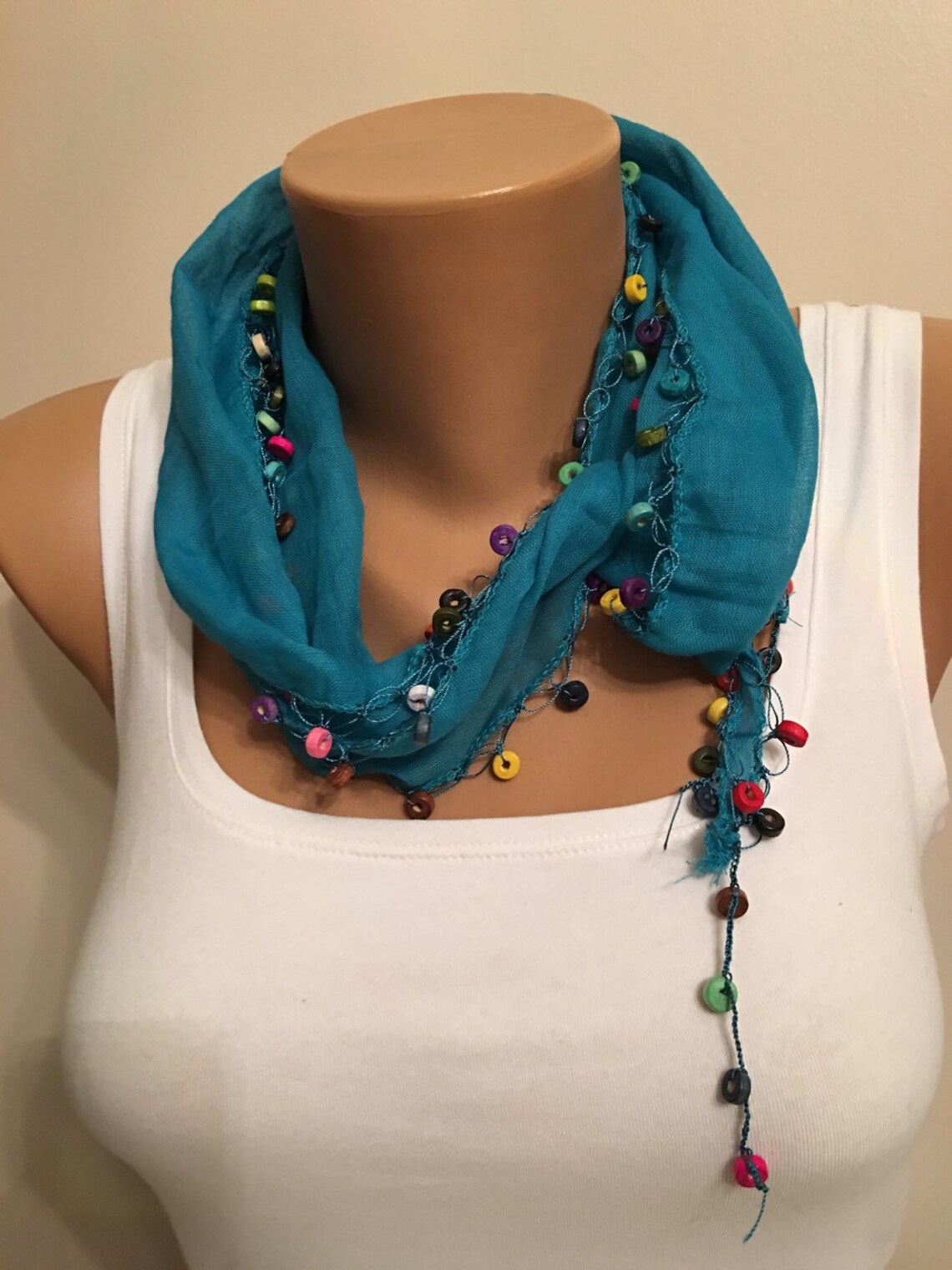 Green Wooden Beaded Edge Cotton Scarf Cotton Green Scarf | Etsy