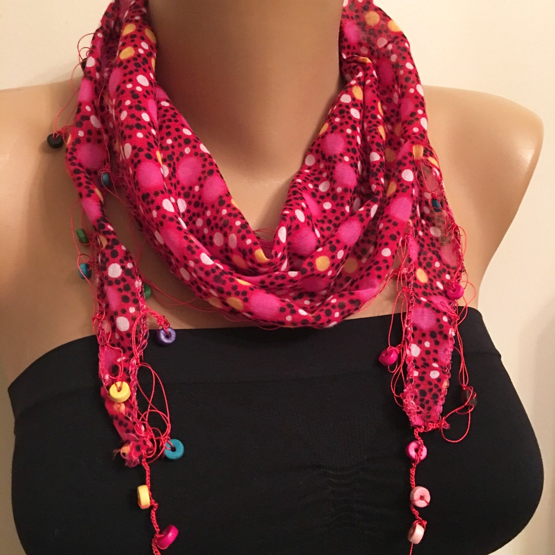 Red Pink Cotton Wood Beads Scarf Cotton Scarf Red Scarves - Etsy