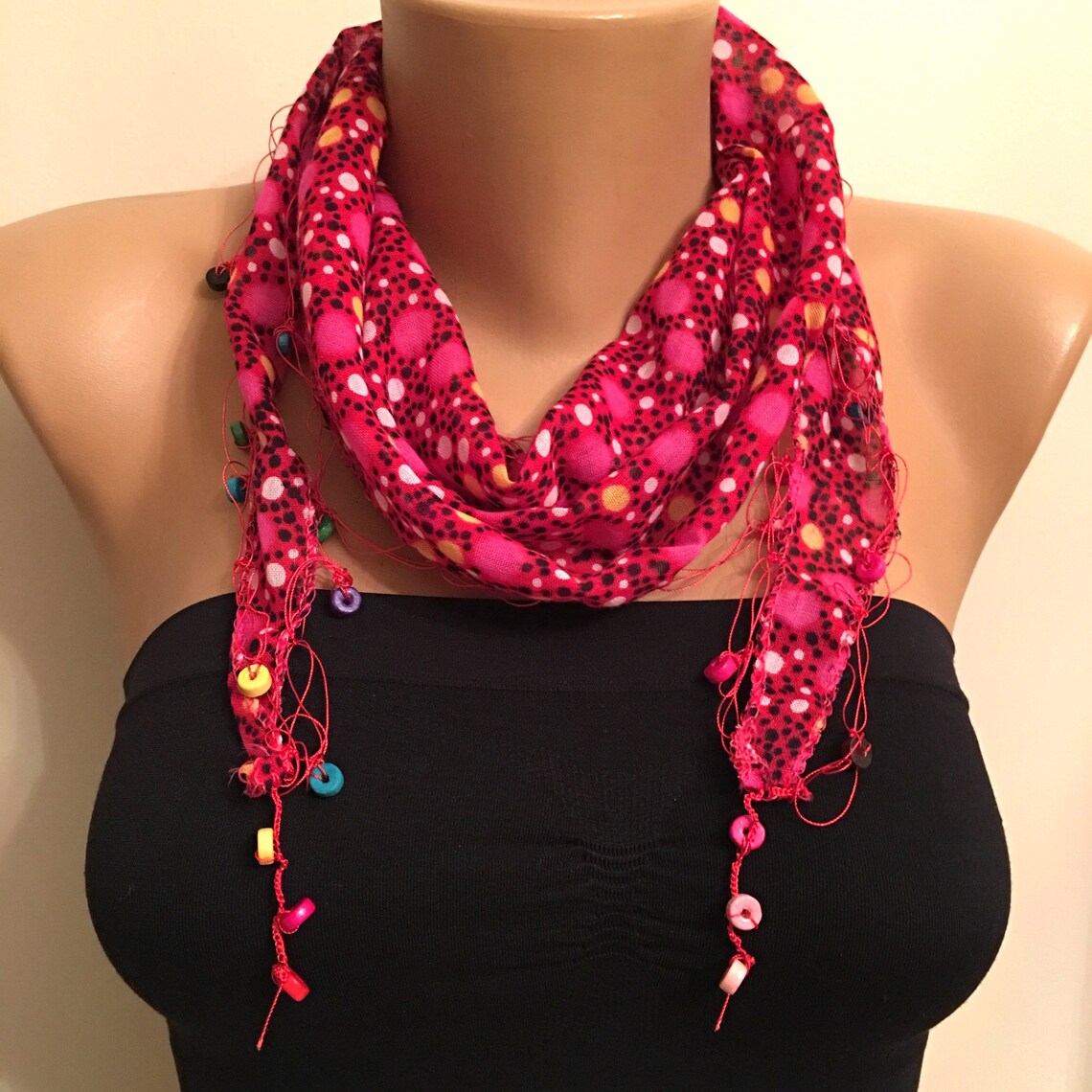 Red Pink Cotton Wood Beads Scarf Cotton Scarf Red Scarves - Etsy