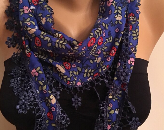 Dark Blue Floral Scarf Flower Edge Scarf Birthday Gift - Etsy