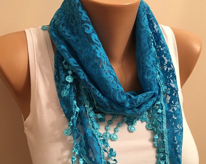 Dark Turquoise Blue Lace Scarf Birthday Gift Mothers Gift - Etsy
