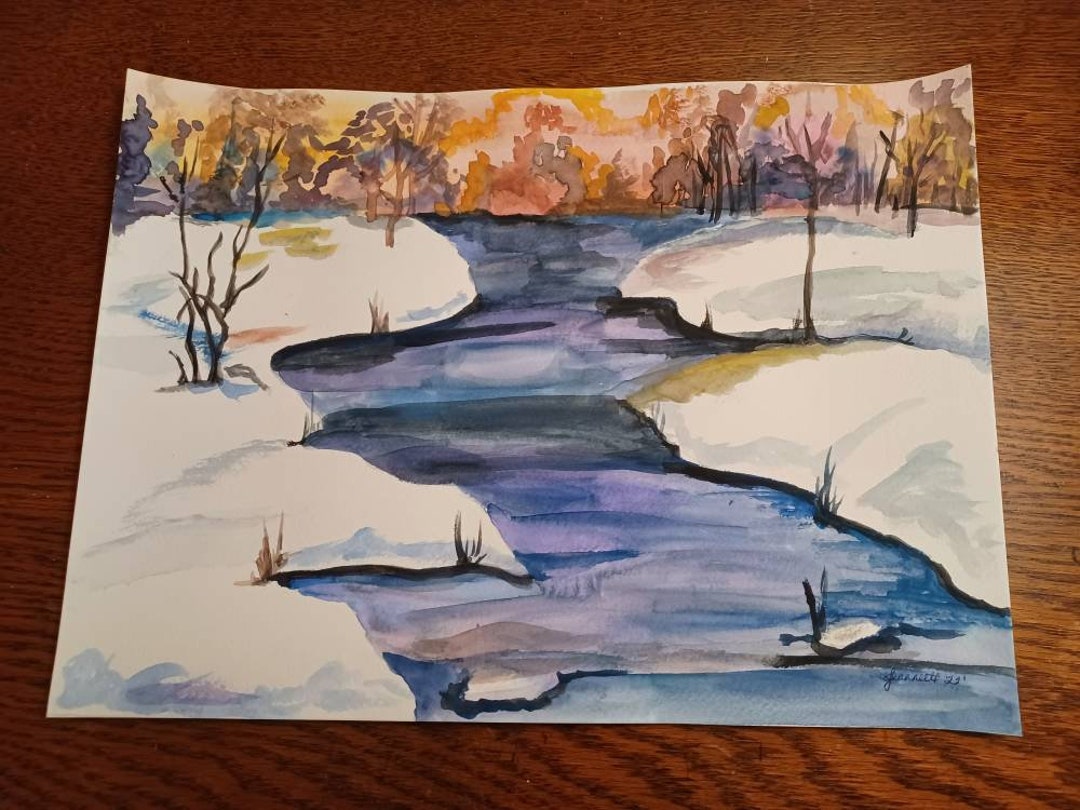 Periwinkle Winter River Watercolor - Etsy
