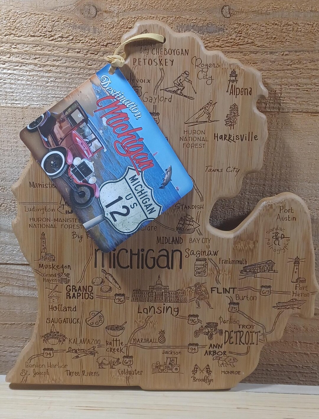 Vintage Michigan Bamboo Cutting Board: Detailed Map, NWT - Etsy