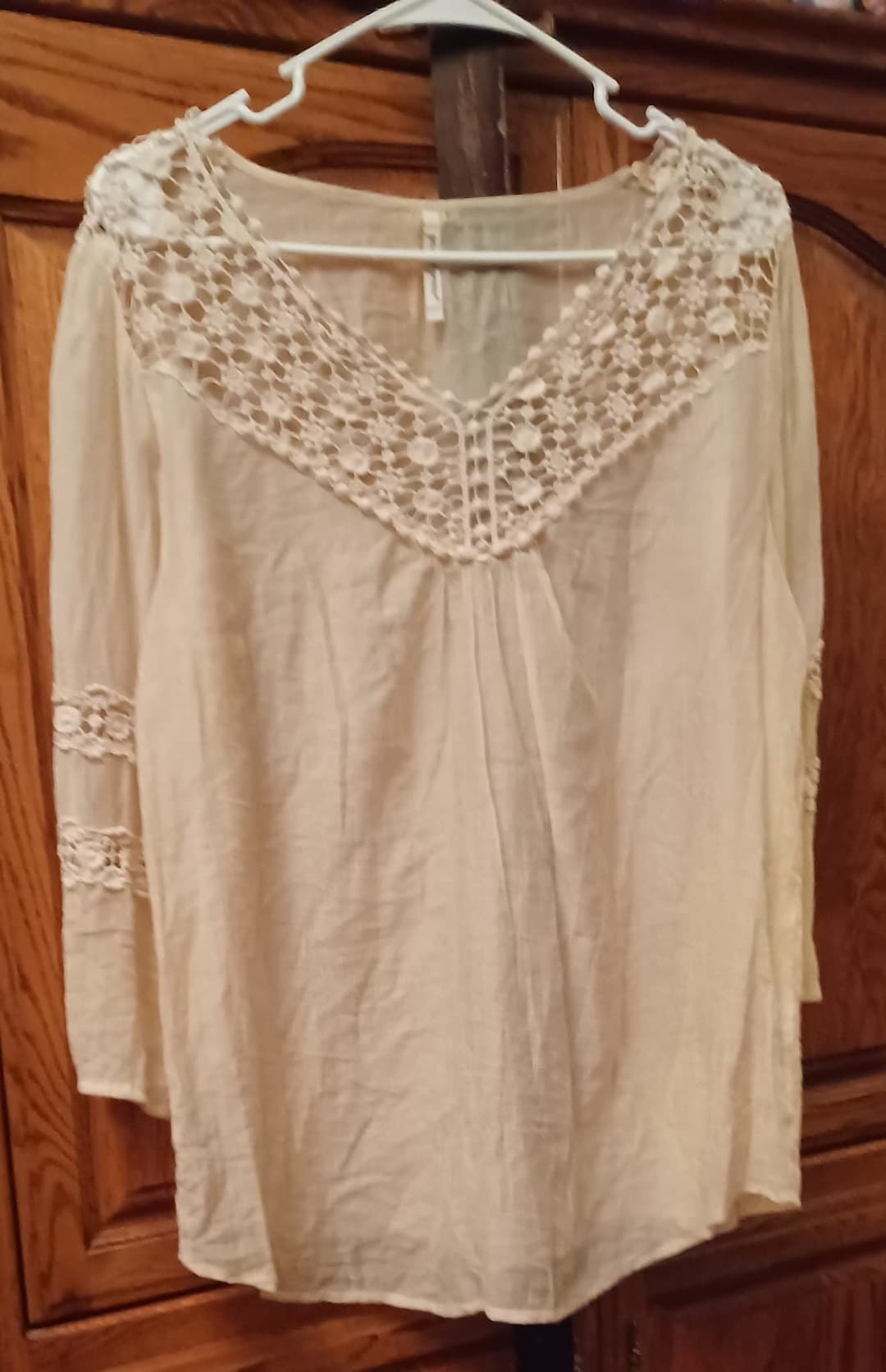 Women's Sheer Beige Top With Open Work on Collar and Sleeves Size XL ...