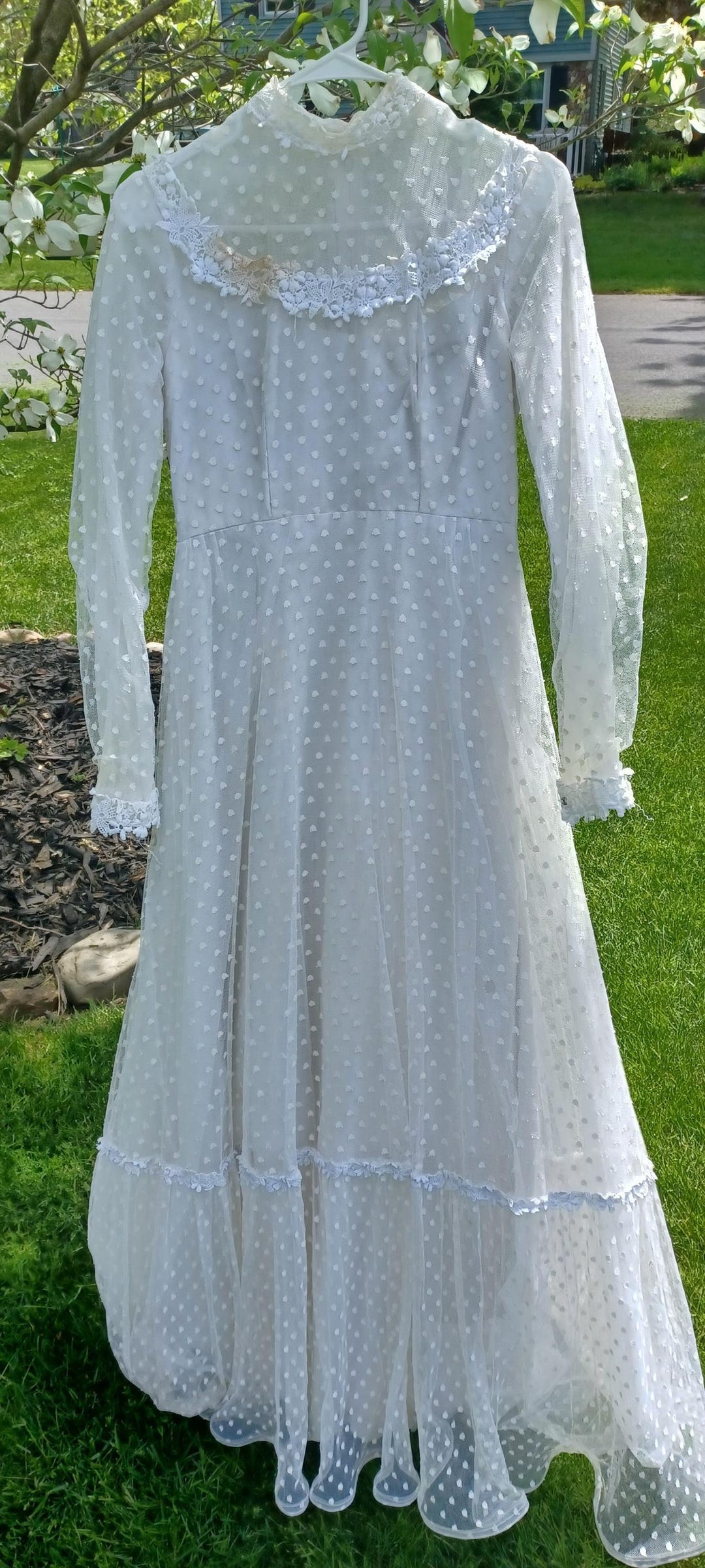 Women's Gown Lined Sheer Dotted Over With Battenburg Lace Trim Zip Back ...