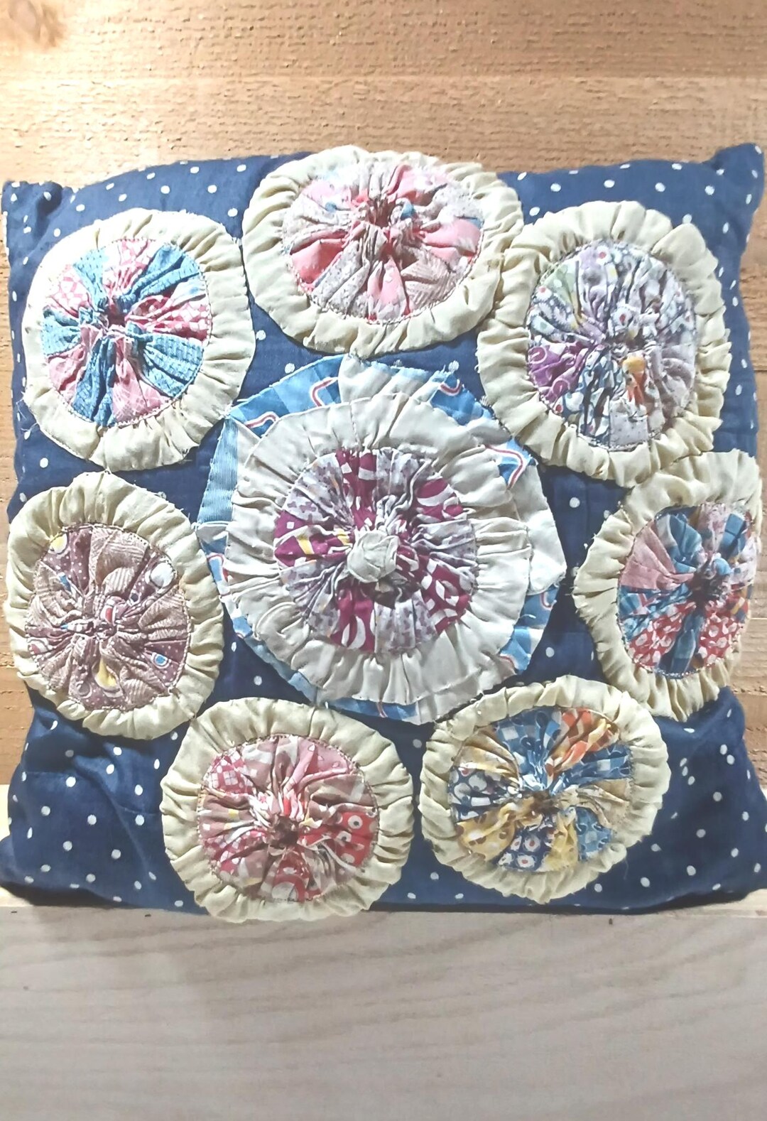 Antique Yo-yo Pillow: Crazy Quilt Design on Navy Polka Dot - Etsy
