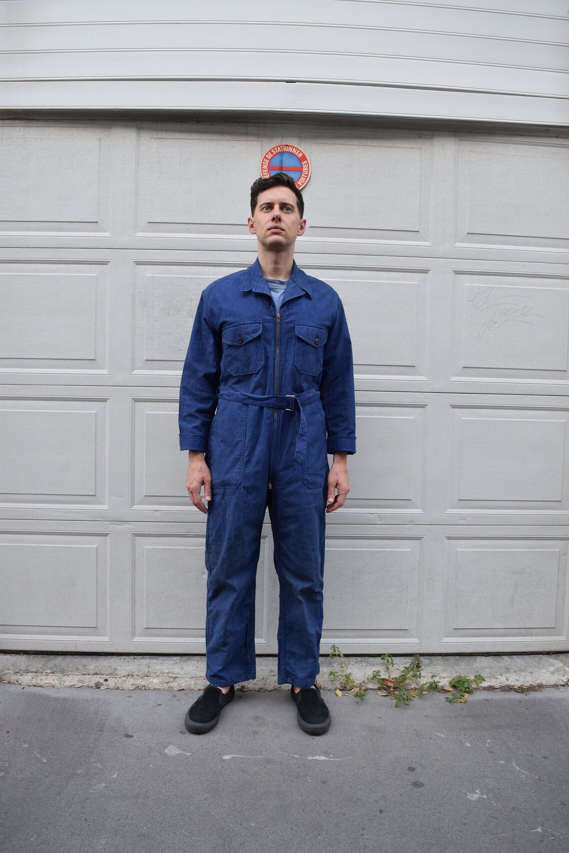 40s 50s Jumpsuit French Workwear Blue Belted Coveralls // Rare Cotton ...