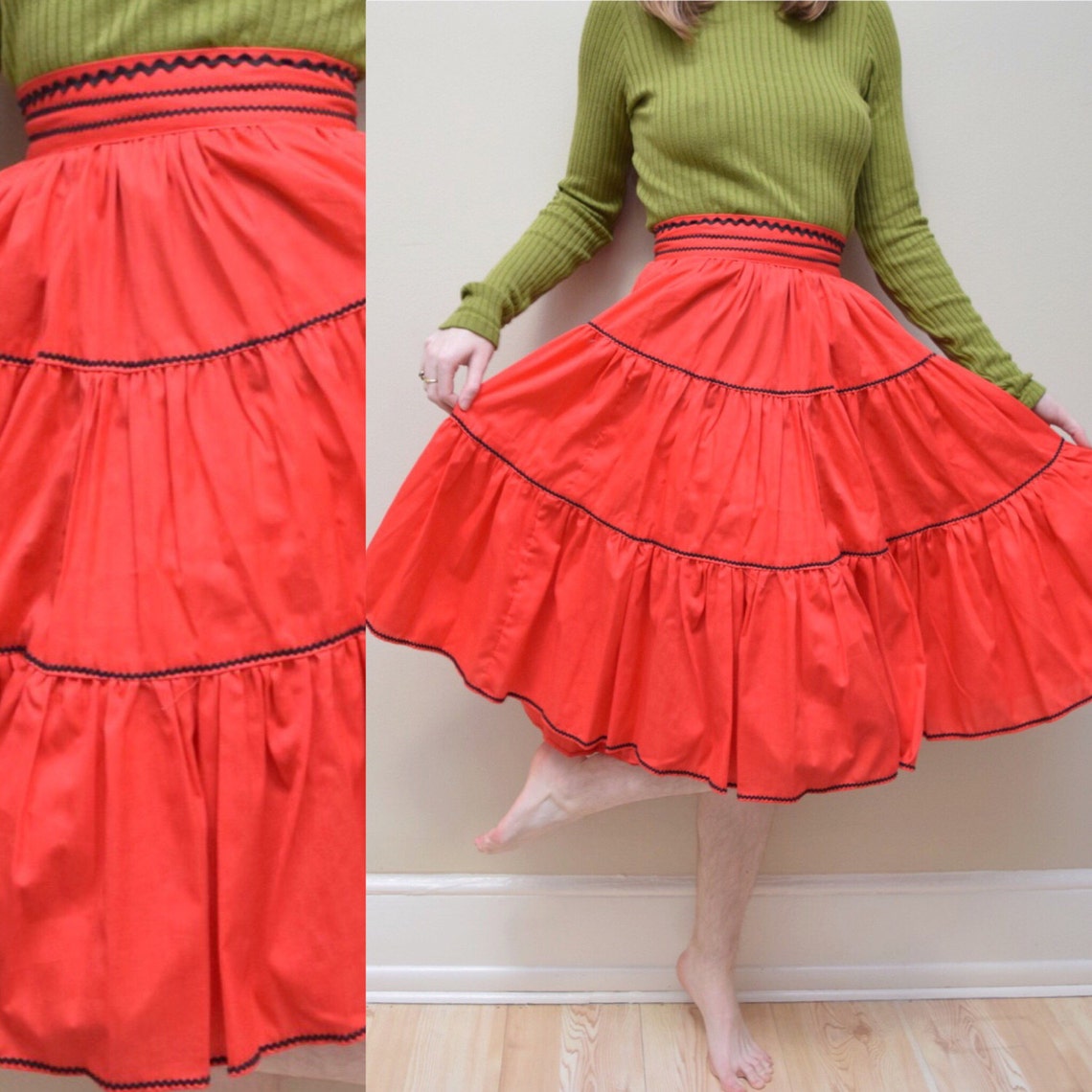 50s Circle Skirt / Rik Rak Red Full Square Poodle Dance Skirt / XS XXS ...