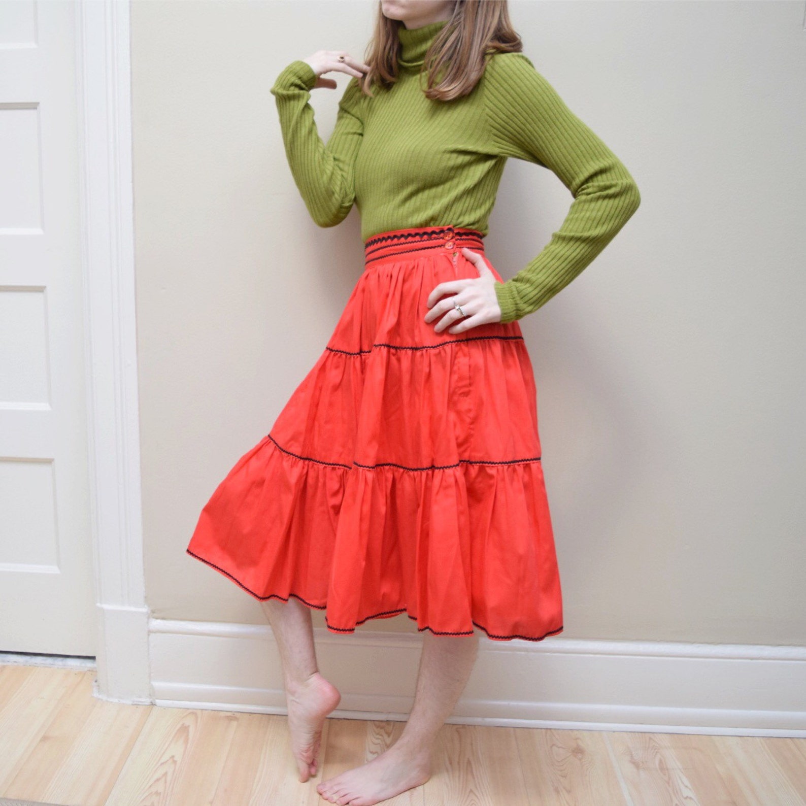 50s Circle Skirt / Rik Rak Red Full Square Poodle Dance Skirt / XS XXS ...