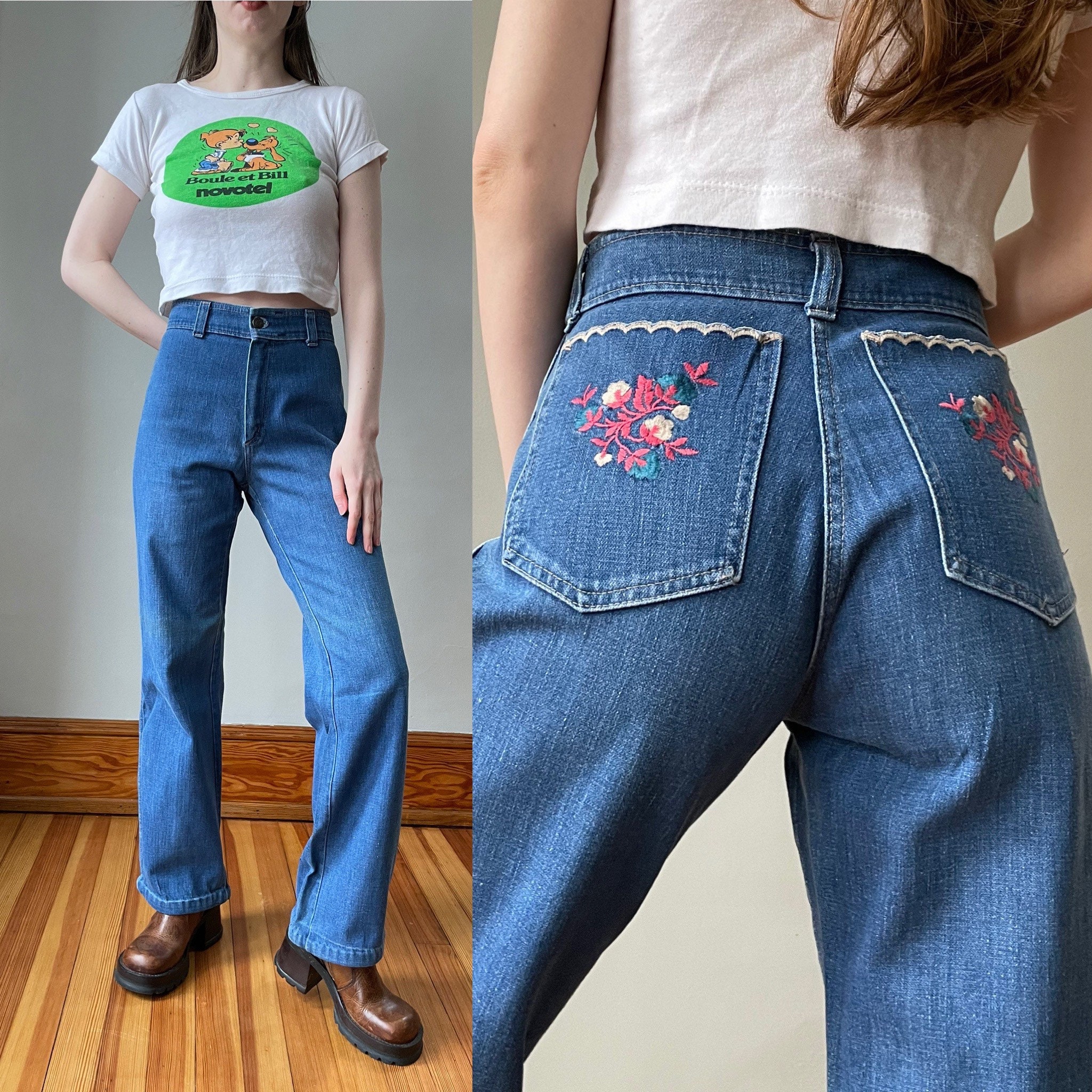 70s Denim Jeans Embroidered Floral Hippie Butt Pocket 70s Denim Jeans Embroidered Floral Hippie Butt Pocket