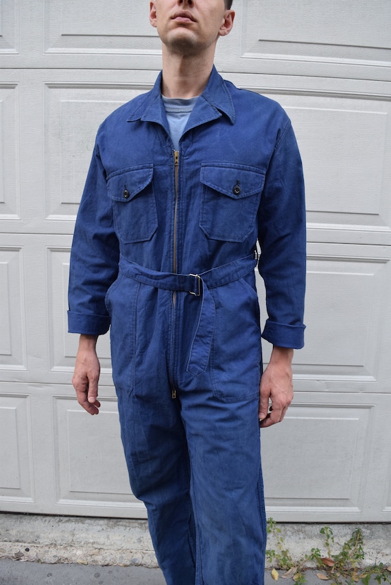 40s 50s Jumpsuit French Workwear Blue Belted Coverall… - Gem 40s 50s Jumpsuit French Workwear Blue Belted Coverall… - Gem