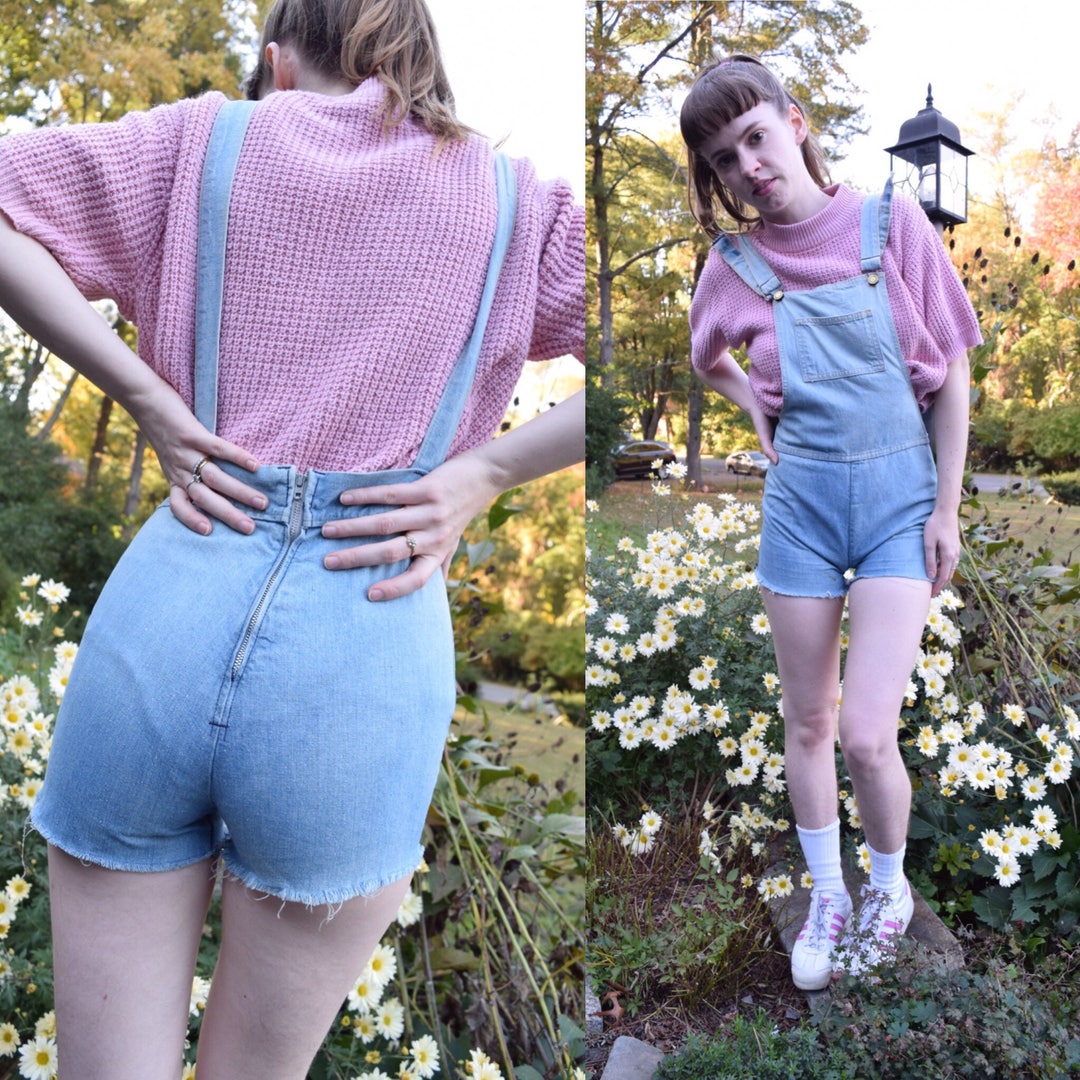 70s Denim Overall Zipper Shorterall Cutoffs // Sexy Light Wash Chambray ...