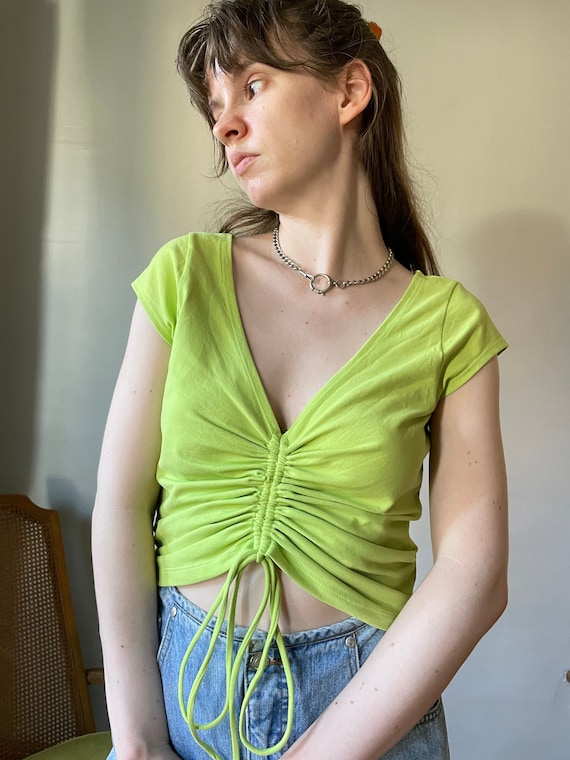 2000s Y2k Crop Top Deep V Plunging Green Tank Cinch B… Gem