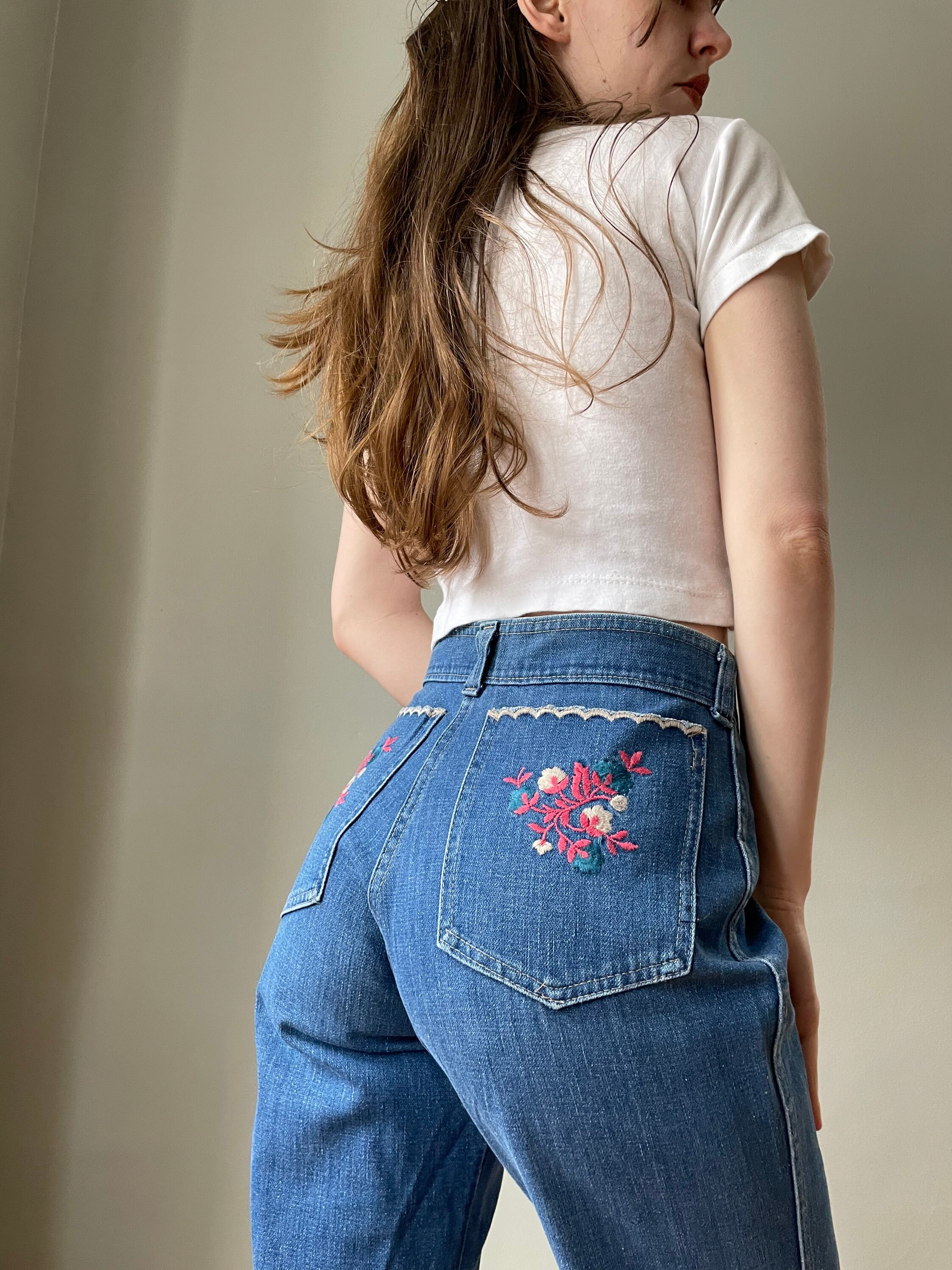 70s Denim Jeans Embroidered Floral Hippie Butt Pocket 70s Denim Jeans Embroidered Floral Hippie Butt Pocket