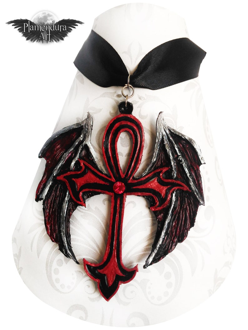 VAMPIRE Red Ankh BAT CROSS Choker | Etsy