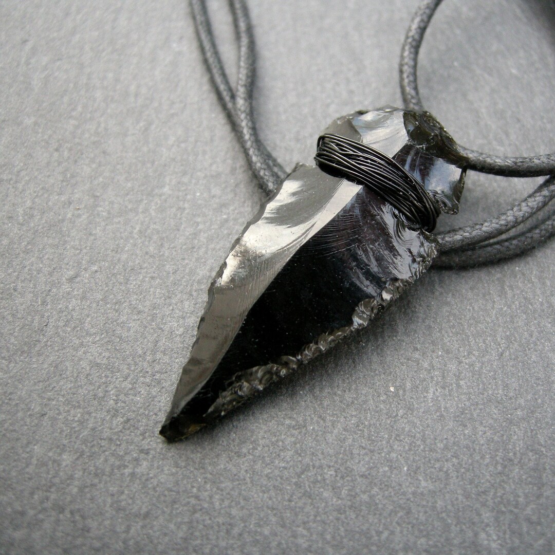 Black Obsidian Pendant, Long Native Arrowhead Necklace, Protective ...