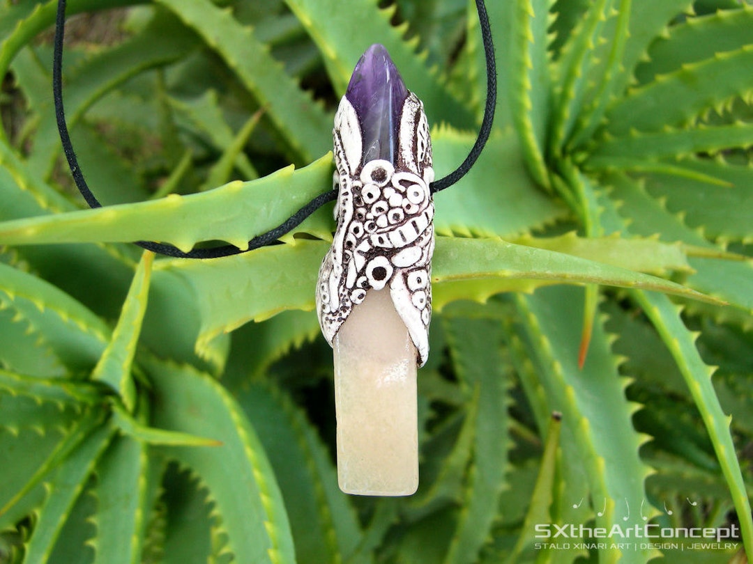Amethyst & Aventurine Clay Pendant: Unisex Sculpted Clay Amulet ...