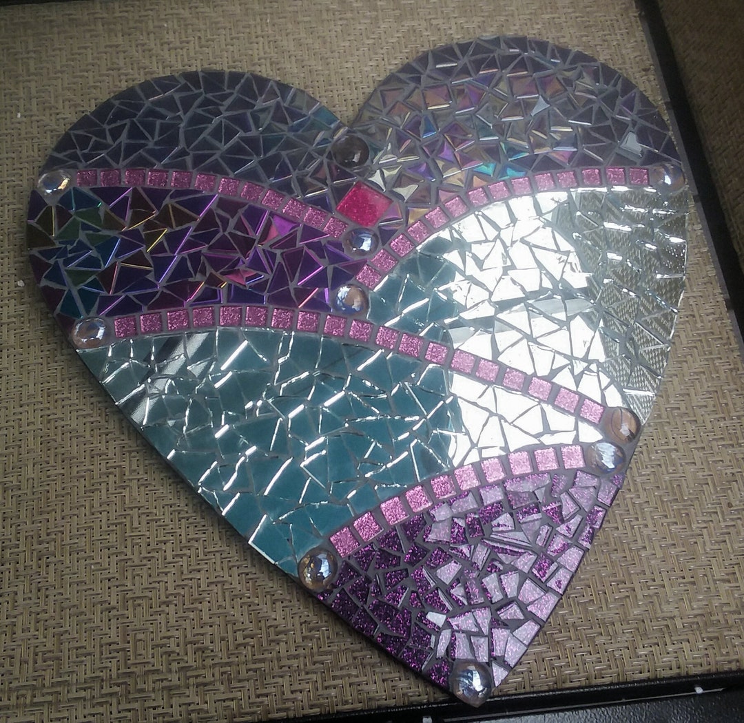 Heart...large Mosaic Tile Heart in Shades of Purple, Pink and Mirror ...