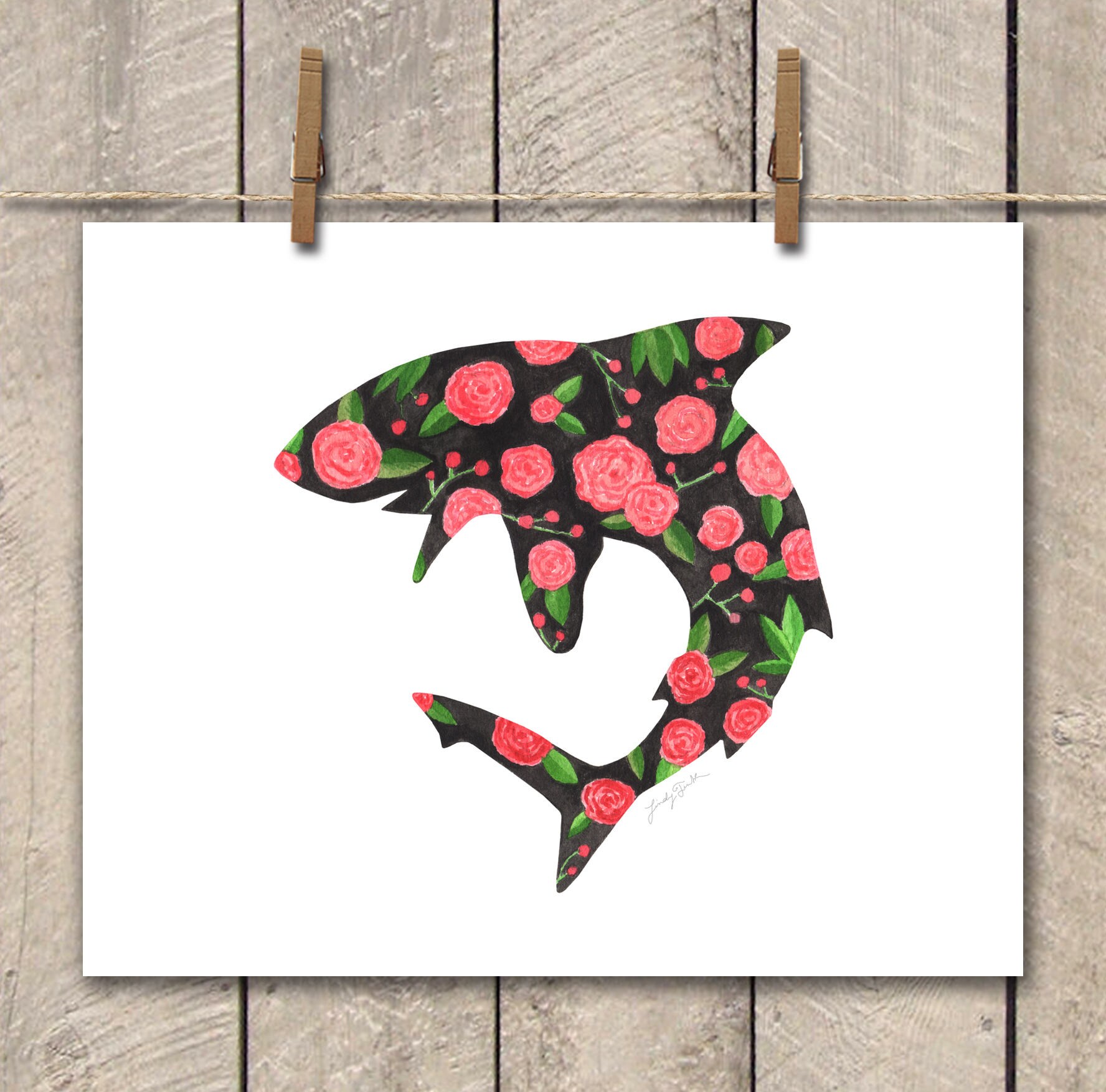 Giclee Print Shark Shark art Shark gifts Floral Ocean | Etsy