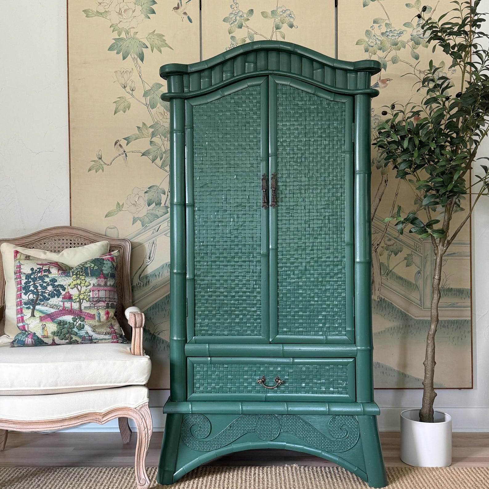 Vintage Bamboo-style Green Armoire / Hand Painted Storage Cabinet ...