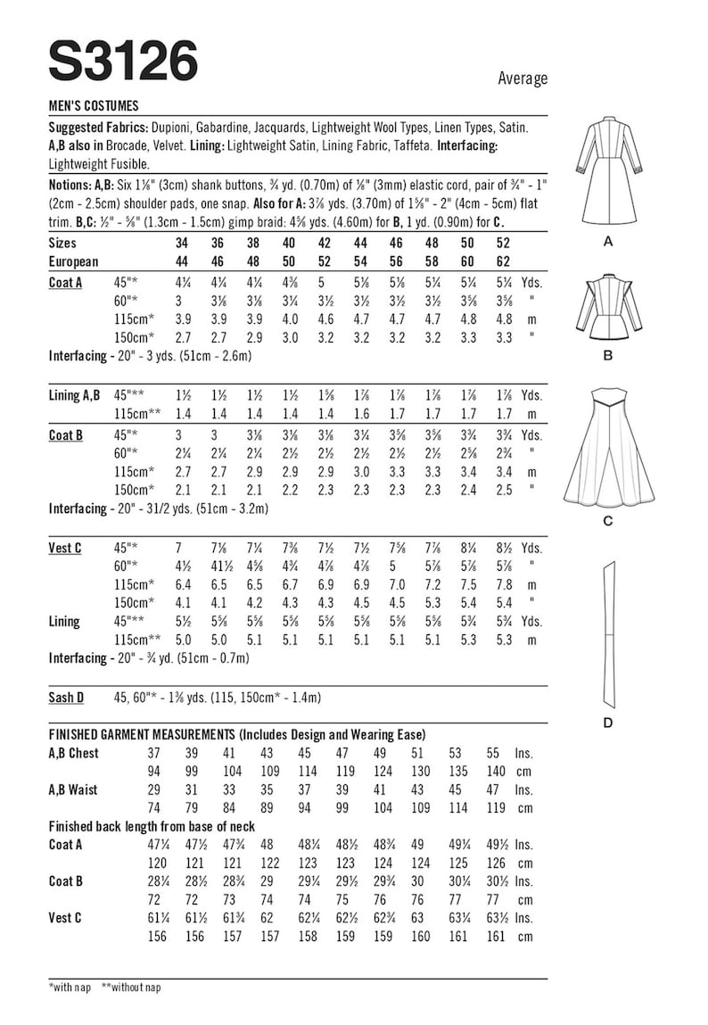 Sewing Pattern for Mens Costume Coats - Size 34 36 38 40 42 or 44 46 48 ...