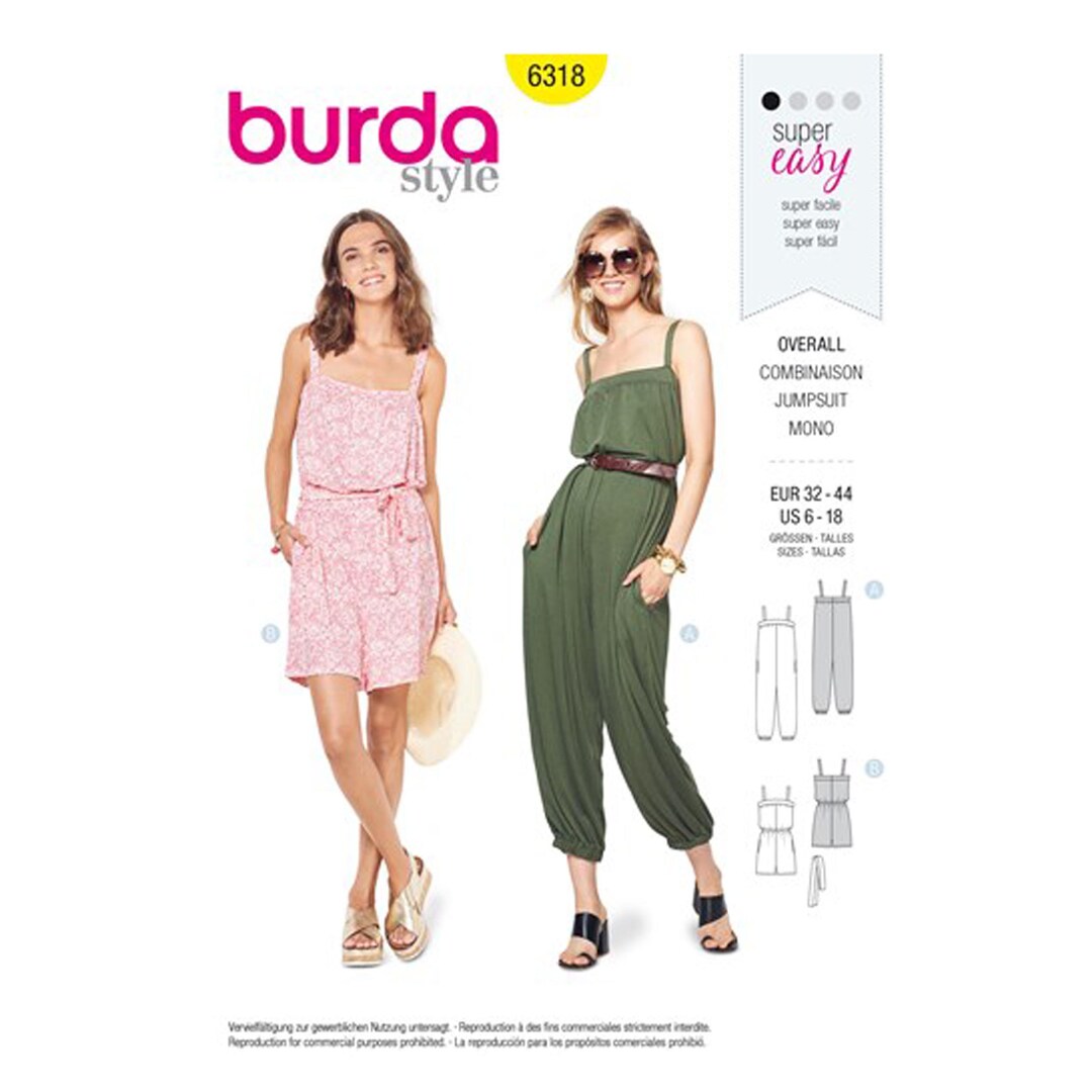 Burda 6318 Sewing Pattern for Womens Knit Overall Jumpsuit or Shorts W ...