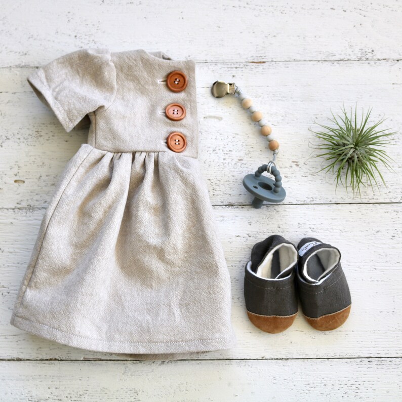Tan Linen Baby Button Backed Dress | Beige Infant Sleeved Dress ...