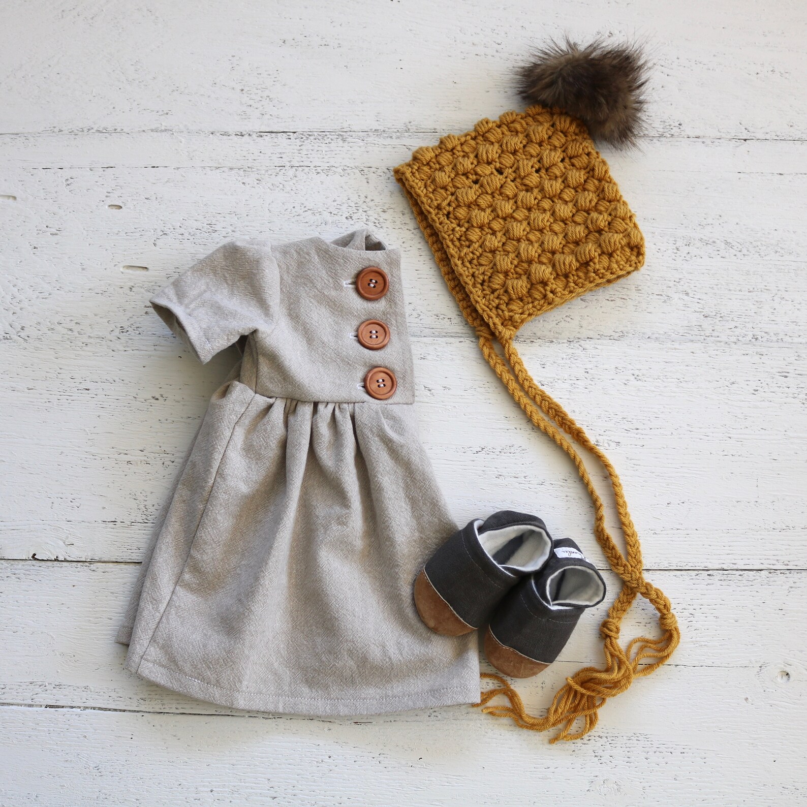 Tan Linen Baby Button Backed Dress | Beige Infant Sleeved Dress ...