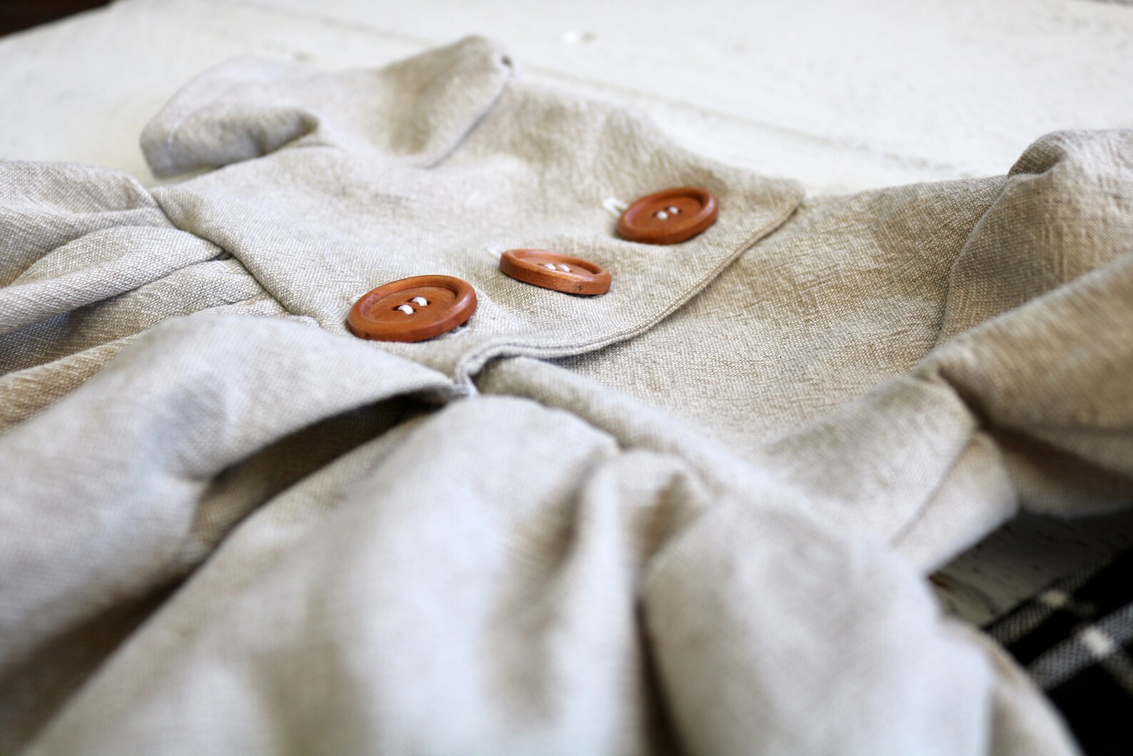 Tan Linen Baby Button Backed Dress | Beige Infant Sleeved Dress ...