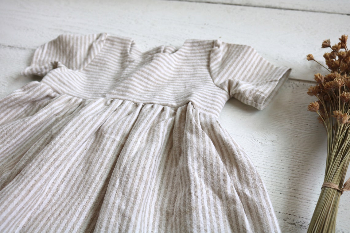 Tan & Cream Striped Linen Baby Dress | Infant Sleeved Dress | Button ...