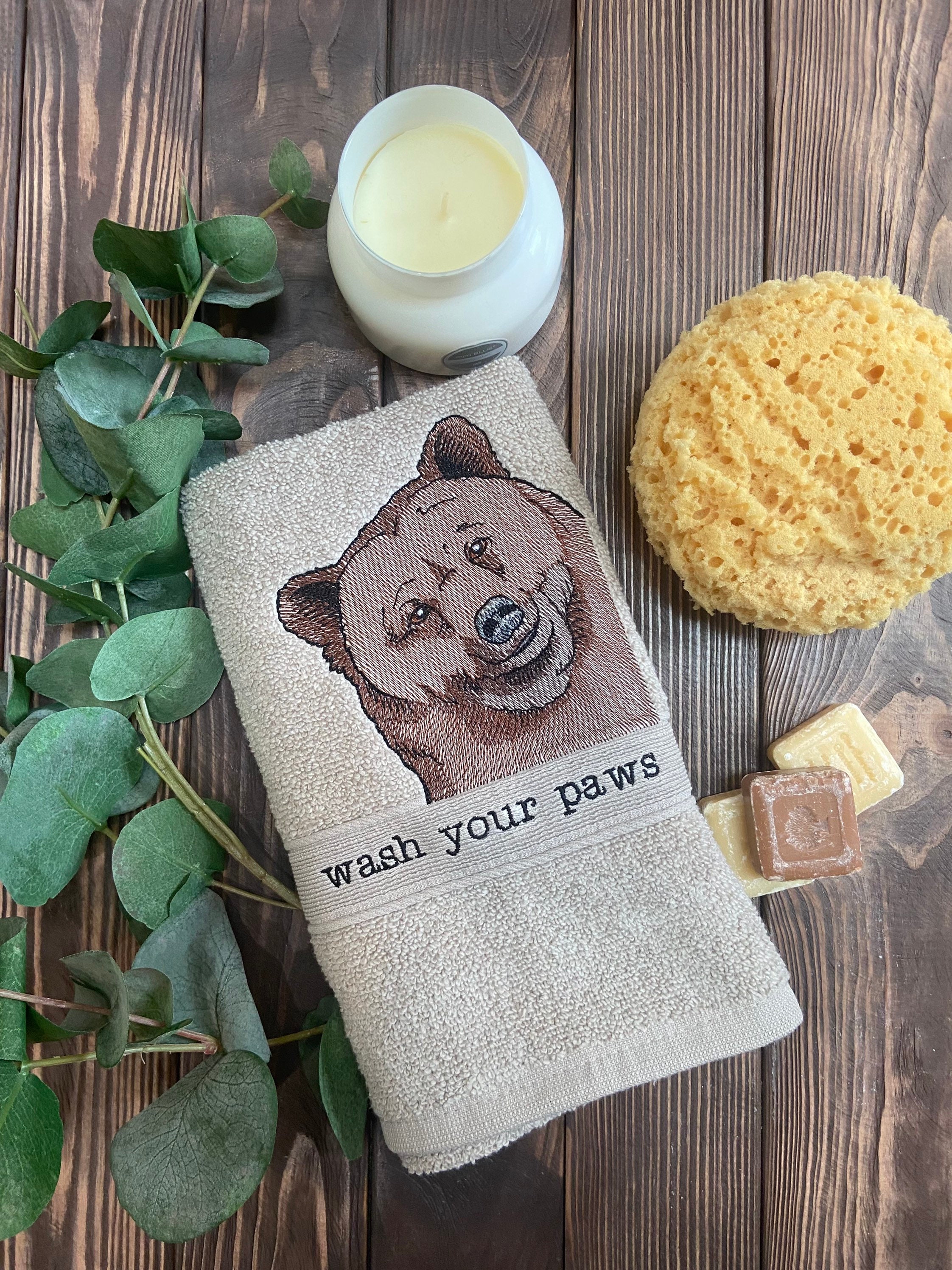 Wash Your Paws Peeking Bear Embroidered Bathroom Hand Towel, Bear ...