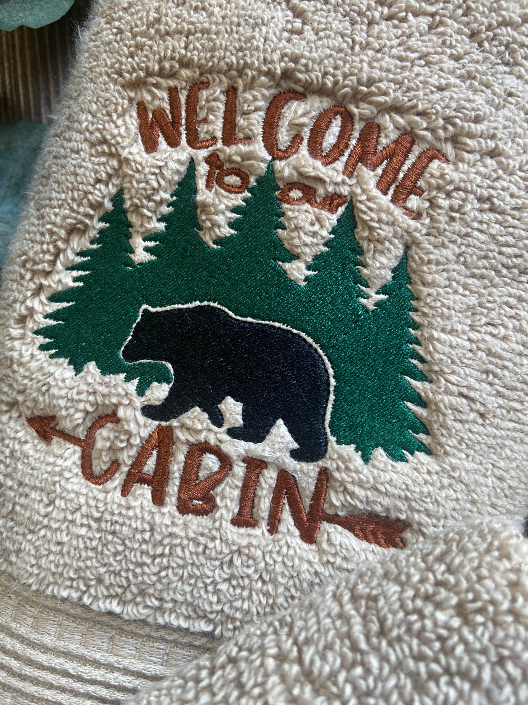 Welcome to the Cabin Hand Towel Set, Taupe Embroidered Hand Towel Set ...