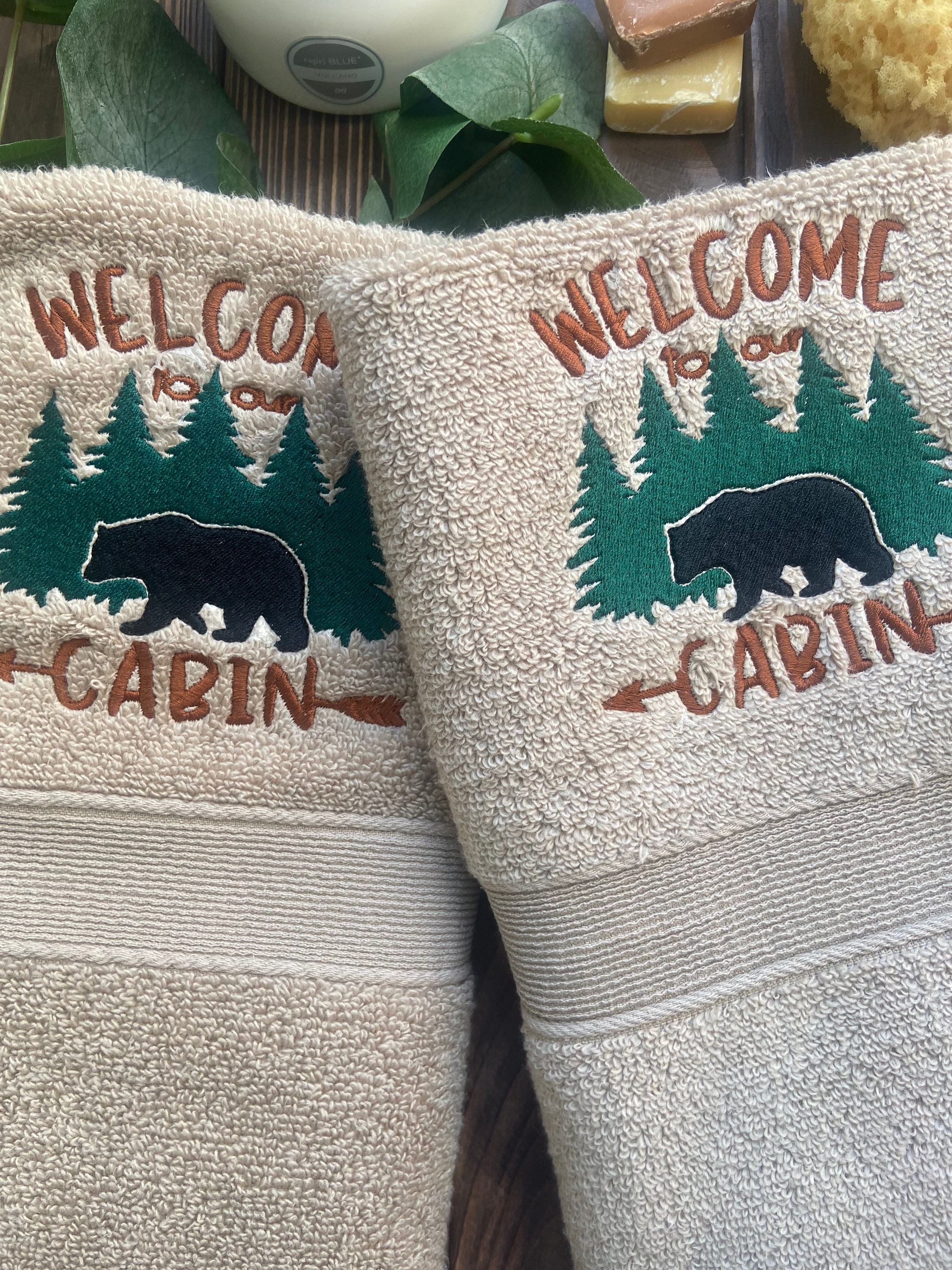 Welcome to the Cabin Hand Towel Set, Taupe Embroidered Hand Towel Set ...