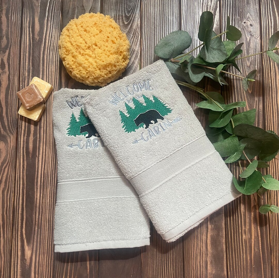 Welcome to the Cabin Gray Guest Towel Set, Embroidered Bear Towels ...