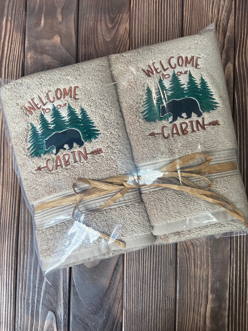 Welcome to the Cabin Hand Towel Set, Taupe Embroidered Hand Towel Set ...