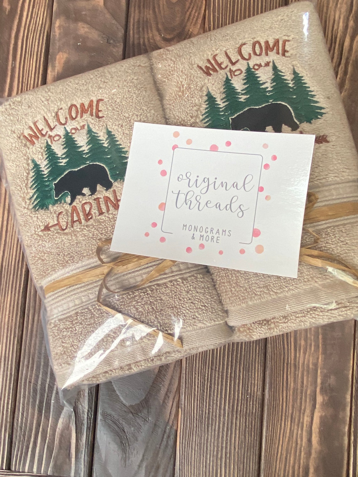 Welcome to the Cabin Hand Towel Set, Taupe Embroidered Hand Towel Set ...